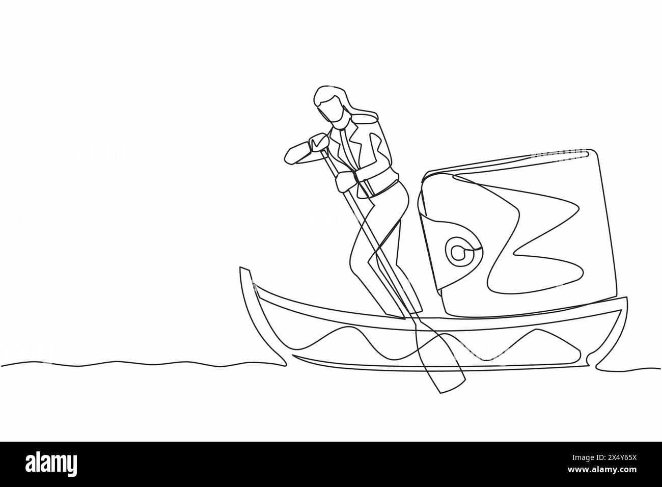 Continuous one line drawing businesswoman sailing away on boat with ...