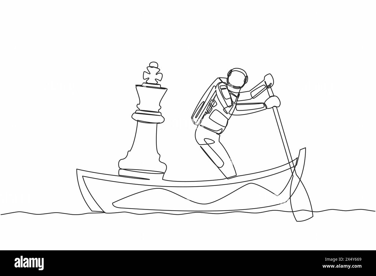 Single one line drawing astronaut sailing away on boat with chess king ...
