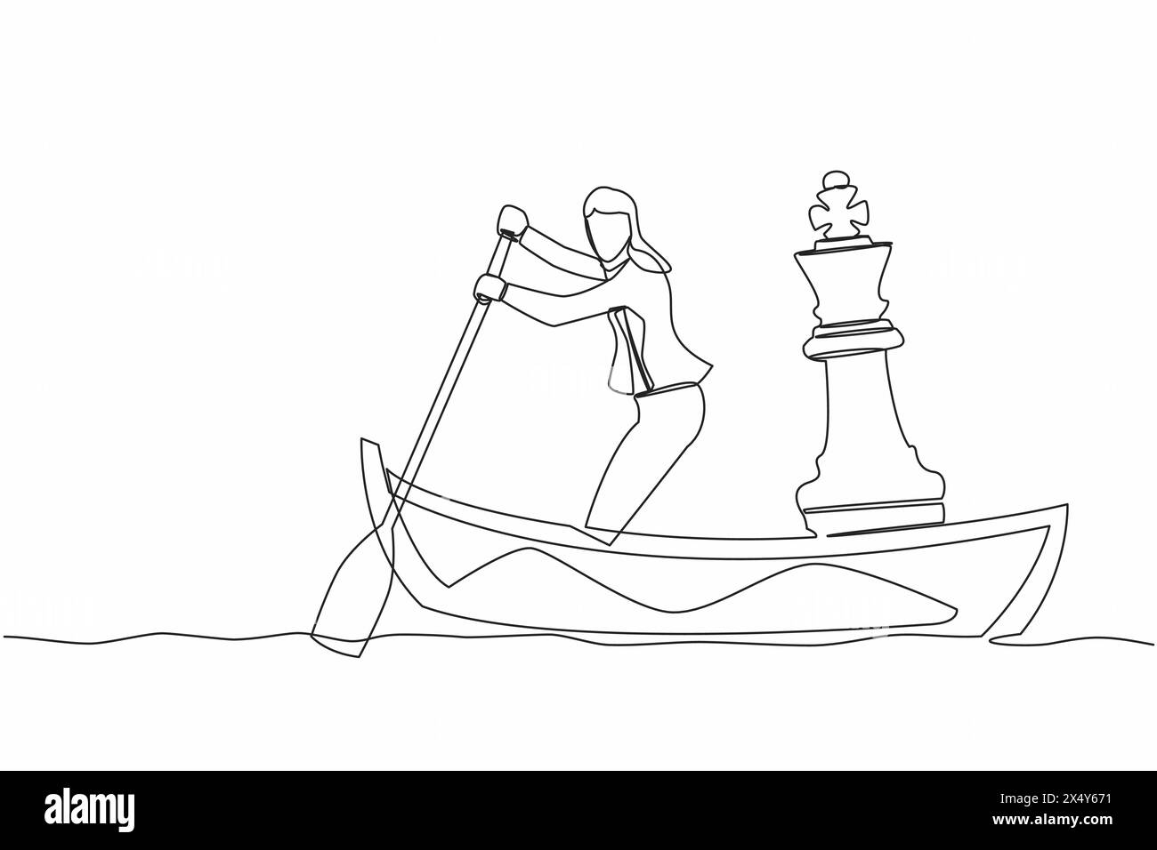 Single one line drawing businesswoman sailing away on boat with chess ...