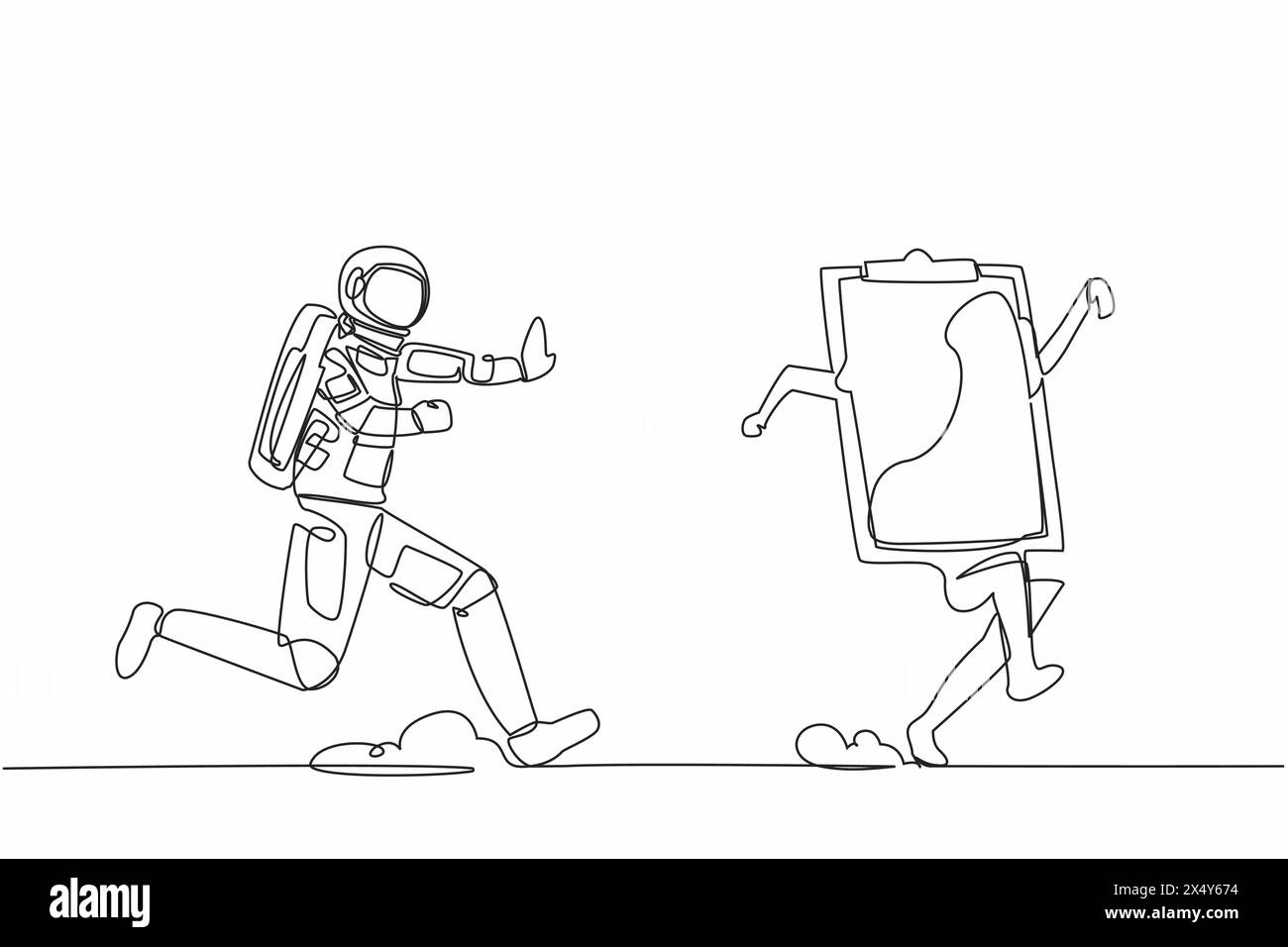 Continuous one line drawing of young astronaut chasing clipboard in ...