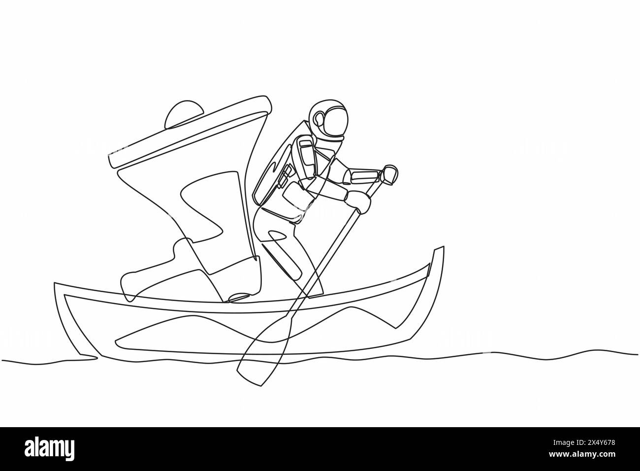 Single continuous line drawing young astronaut sailing away on boat ...