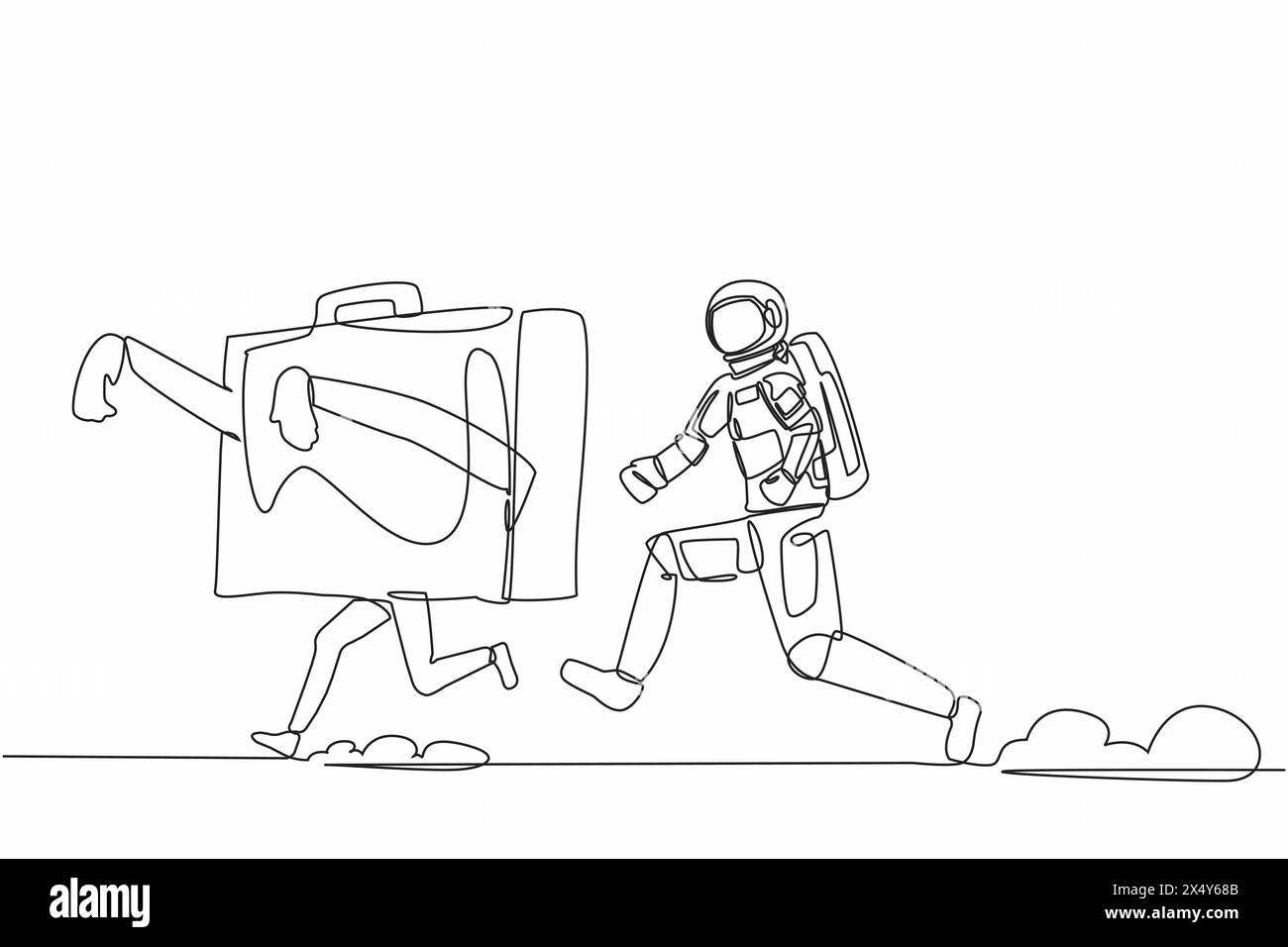 Continuous one line drawing of young astronaut running chasing ...