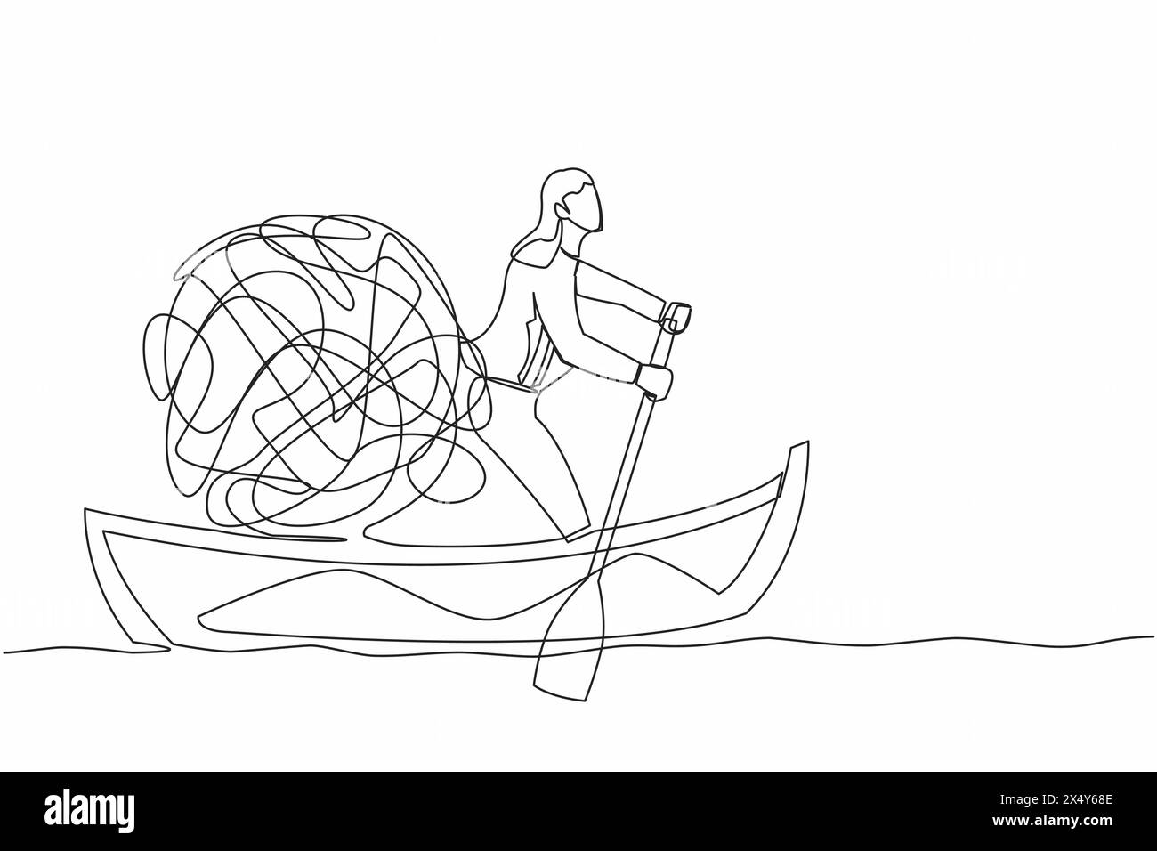 Single continuous line drawing businesswoman sailing away on boat with ...