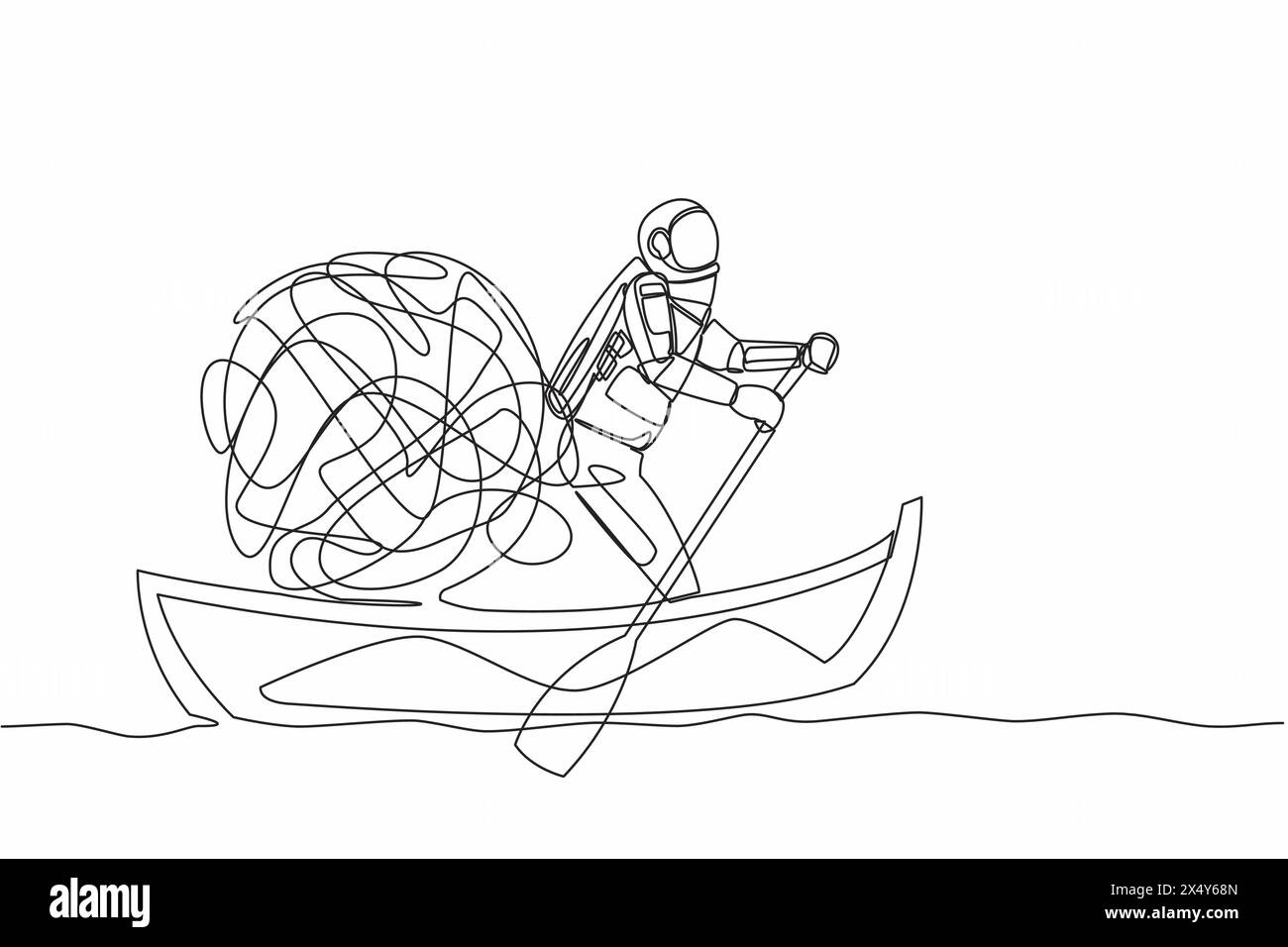Single one line drawing of astronaut sailing away on boat with messy ...