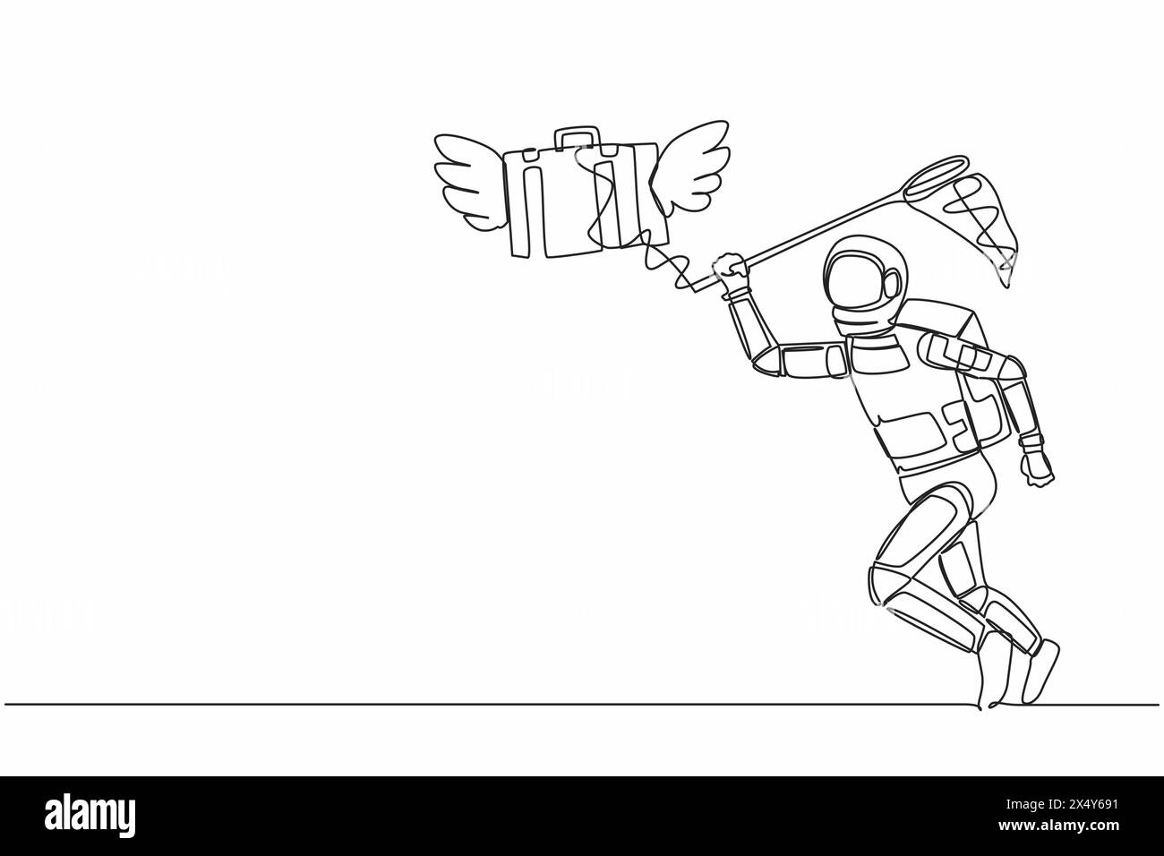 Single one line drawing young astronaut try to catch flying briefcase ...