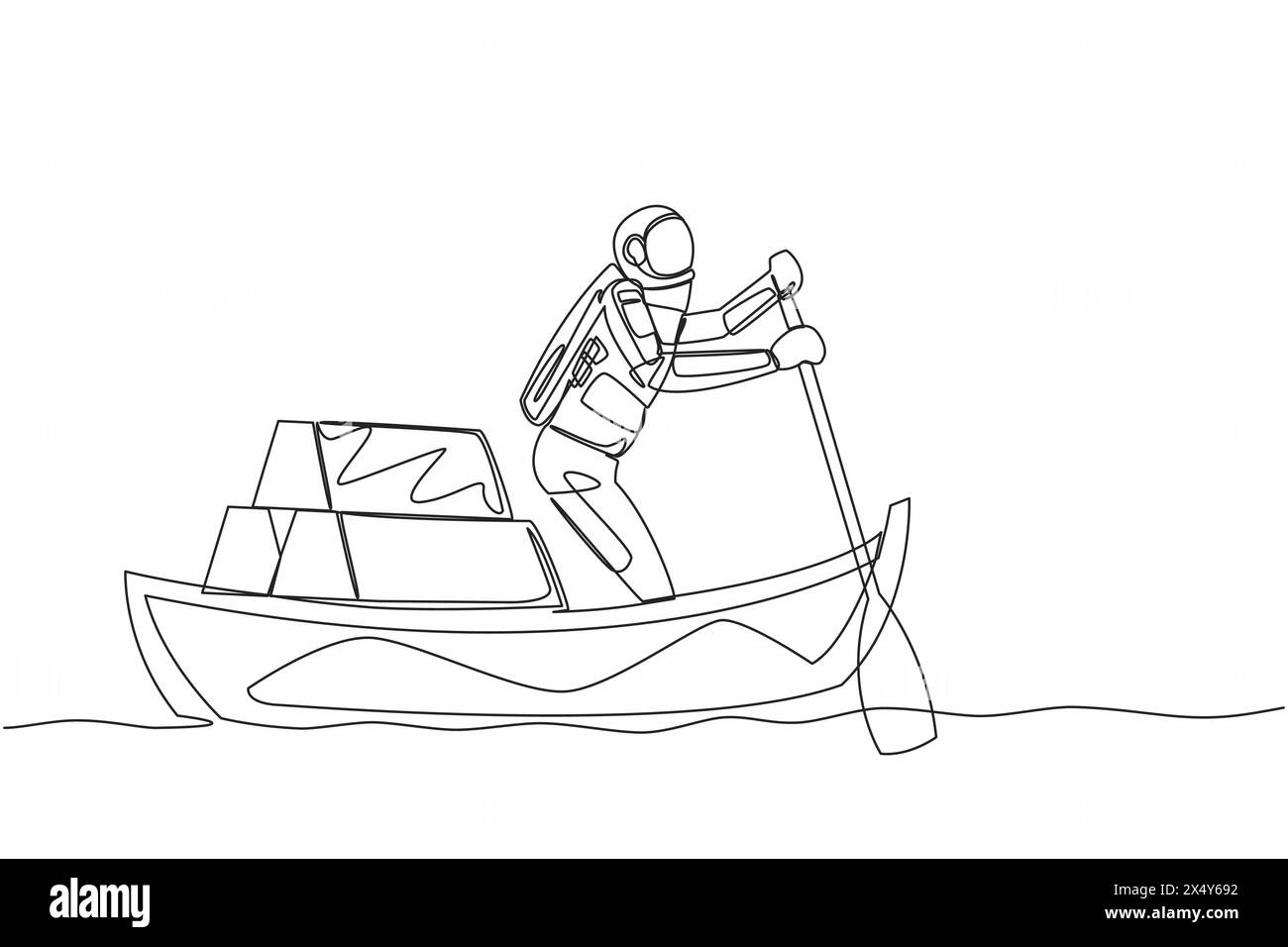 Single continuous line drawing young astronaut sailing away on boat ...