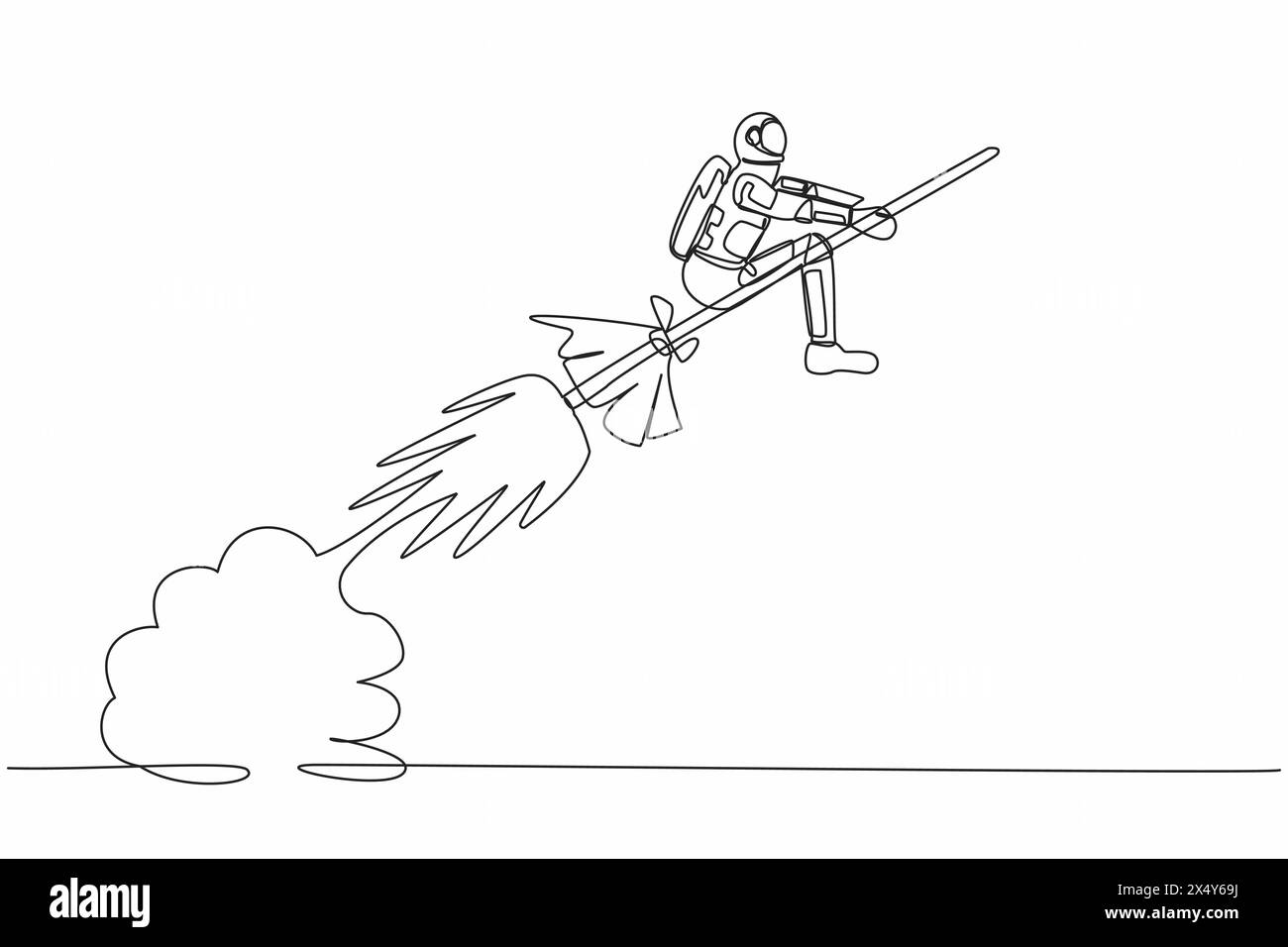 Continuous one line drawing of young astronaut riding magic broom ...