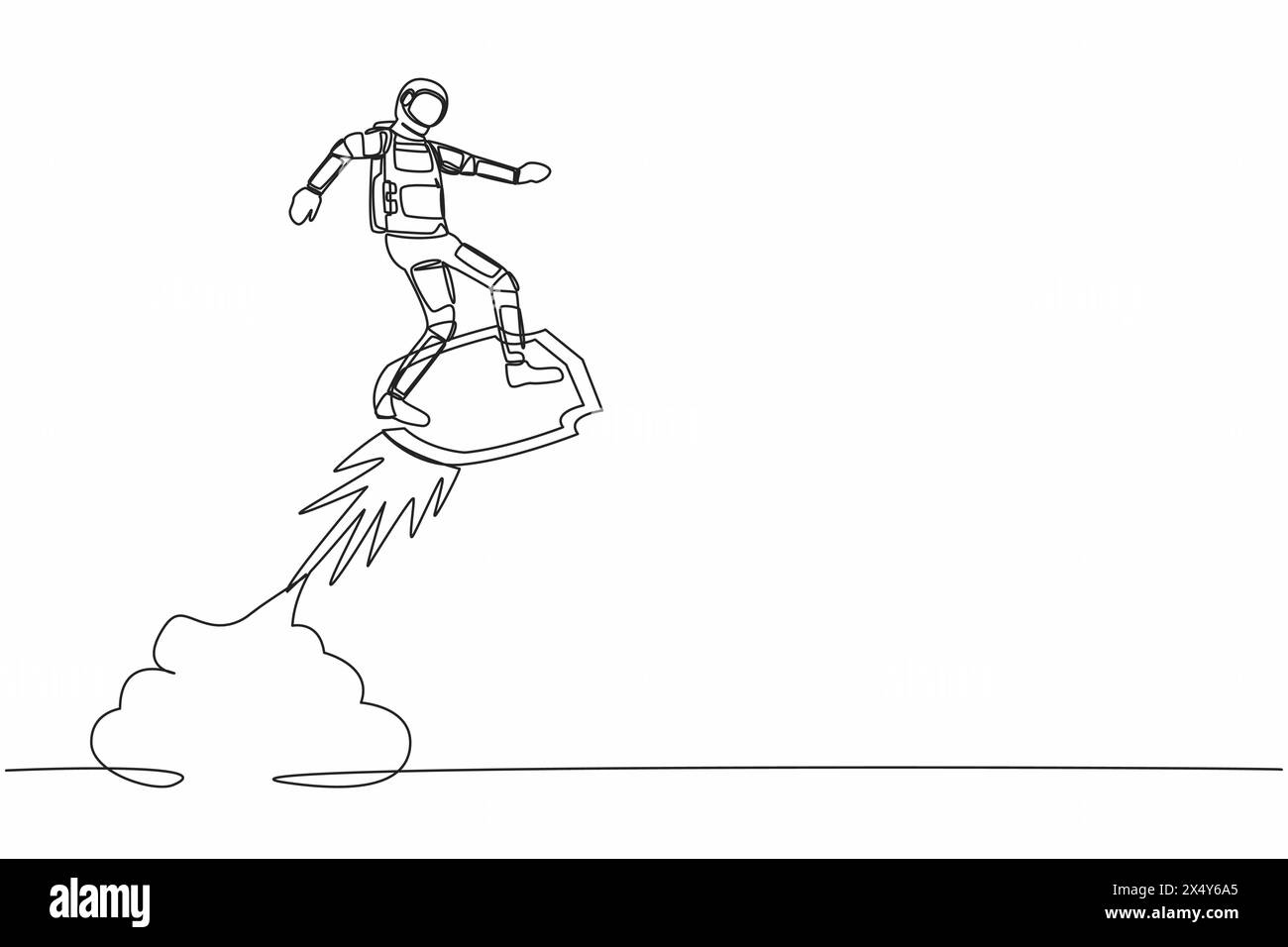 Single one line drawing young astronaut riding shield rocket flying in ...