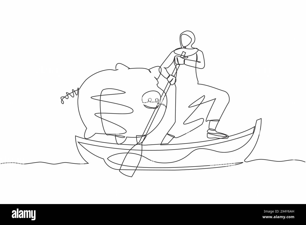 Single continuous line drawing Arabian businesswoman standing in boat ...