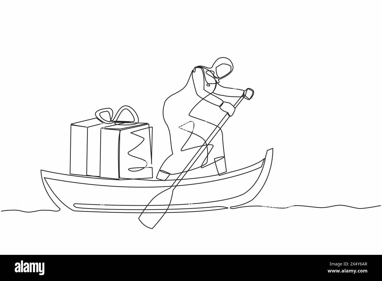 Single one line drawing Arabian businesswoman standing in boat and ...