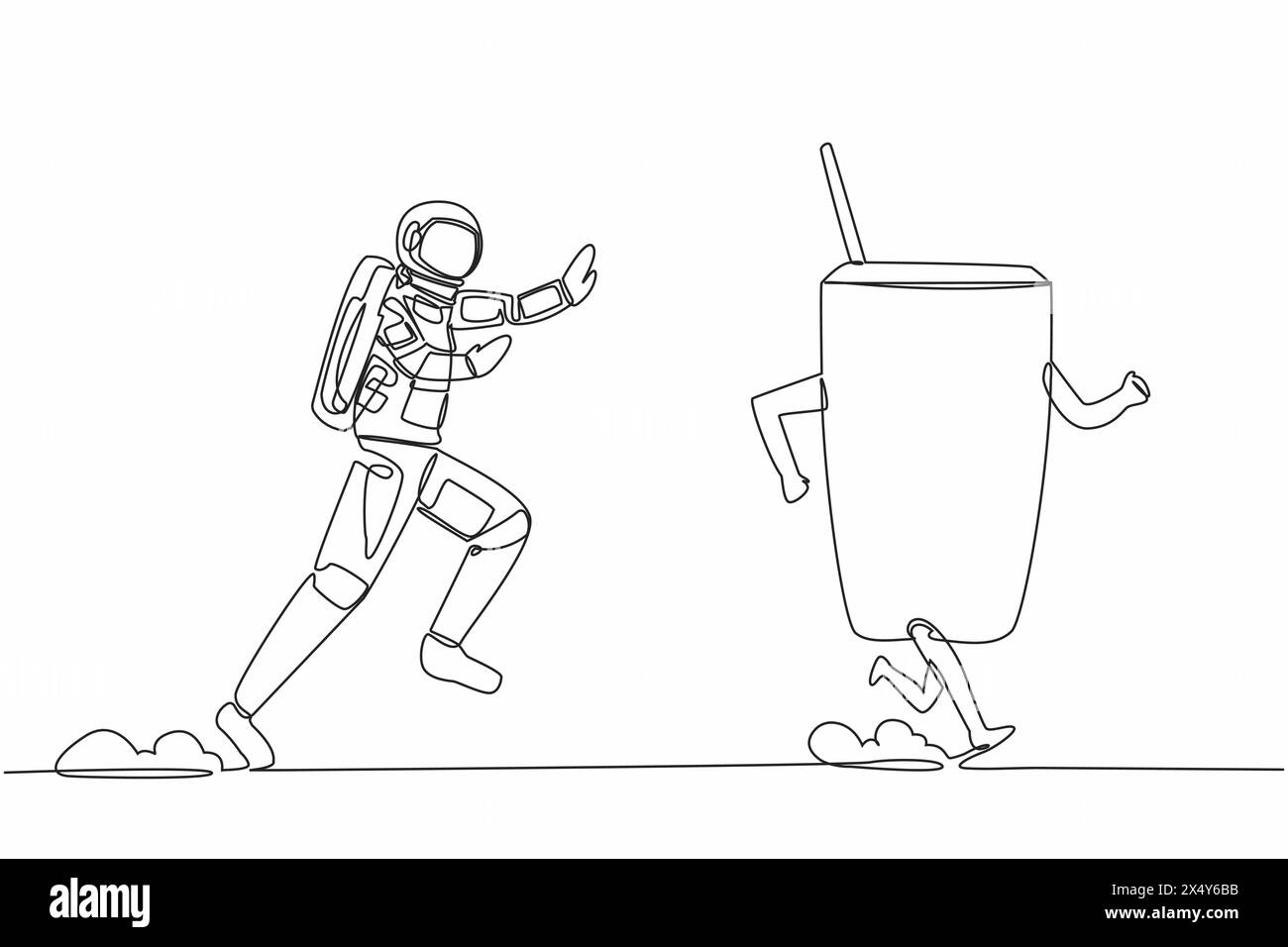 Single one line drawing of young astronaut run chase coffee cup in moon ...