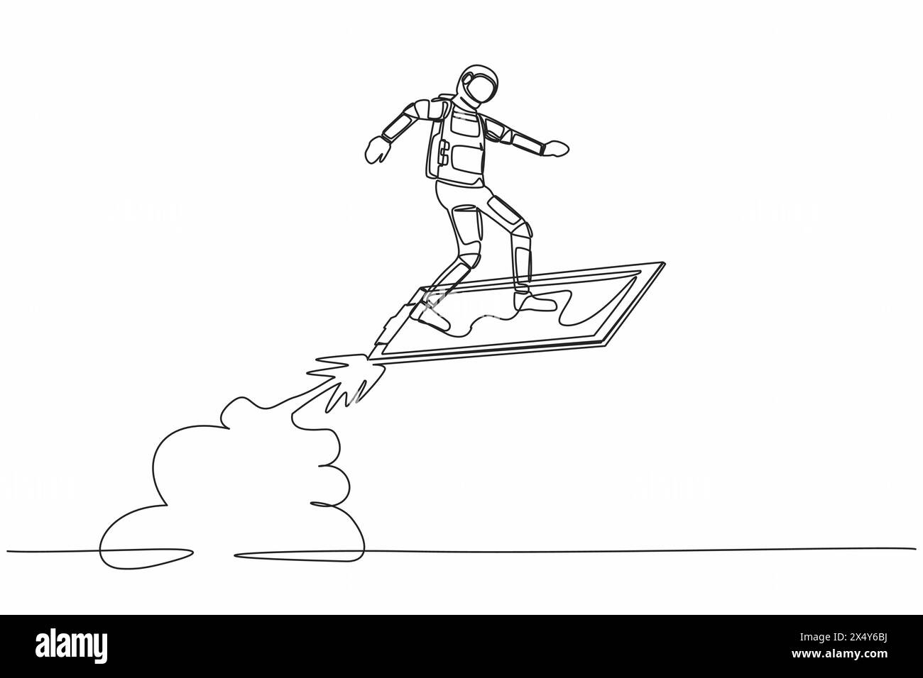 Single one line drawing young astronaut riding clipboard rocket flying ...