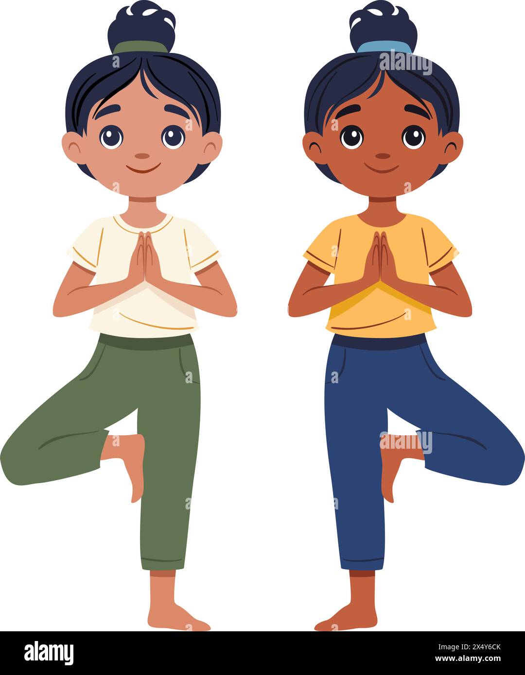 Kid girl doing yoga tree pose Vrikshasana. Fitness concept. Flat vector ...