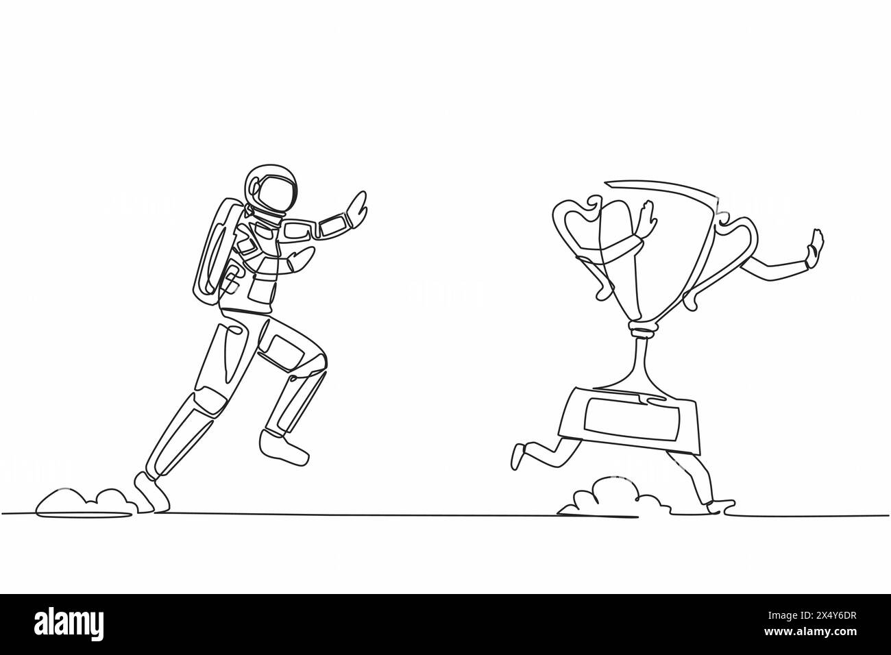 Single one line drawing young astronaut run chasing trophy in moon ...