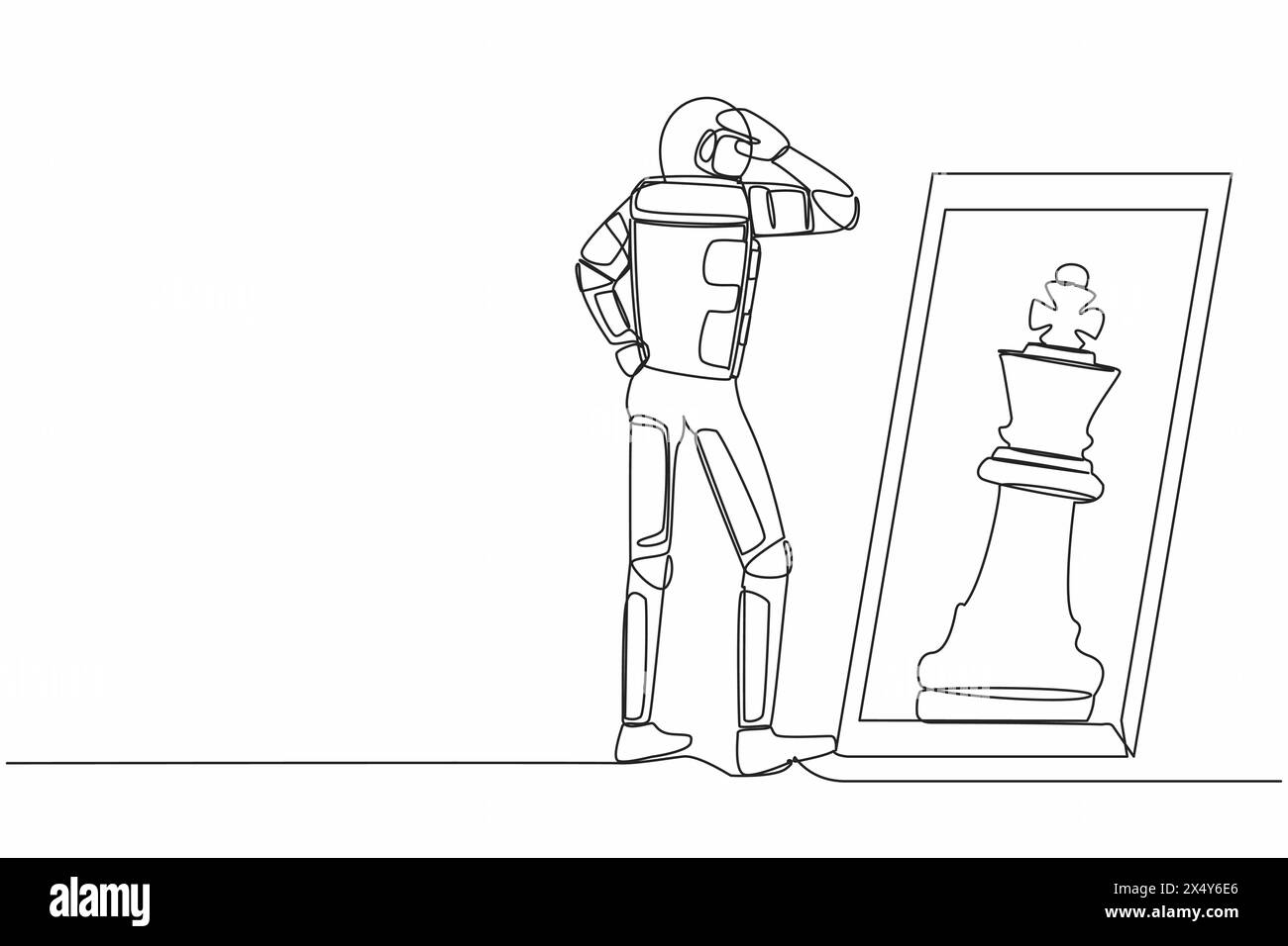 Single continuous line drawing astronaut standing in front of mirror reflecting chess king ...