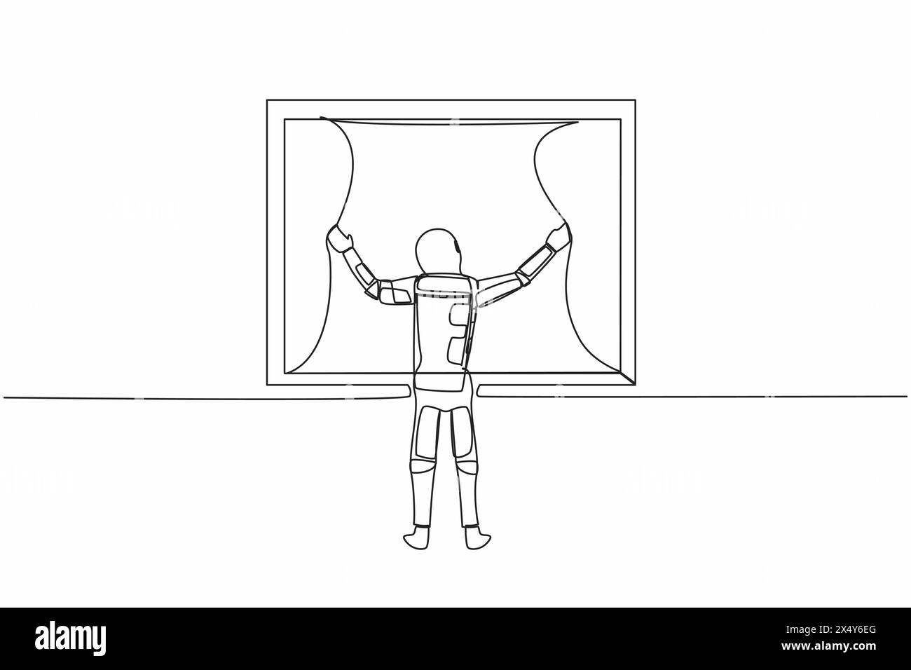 Single continuous line drawing young astronaut opening window curtains ...