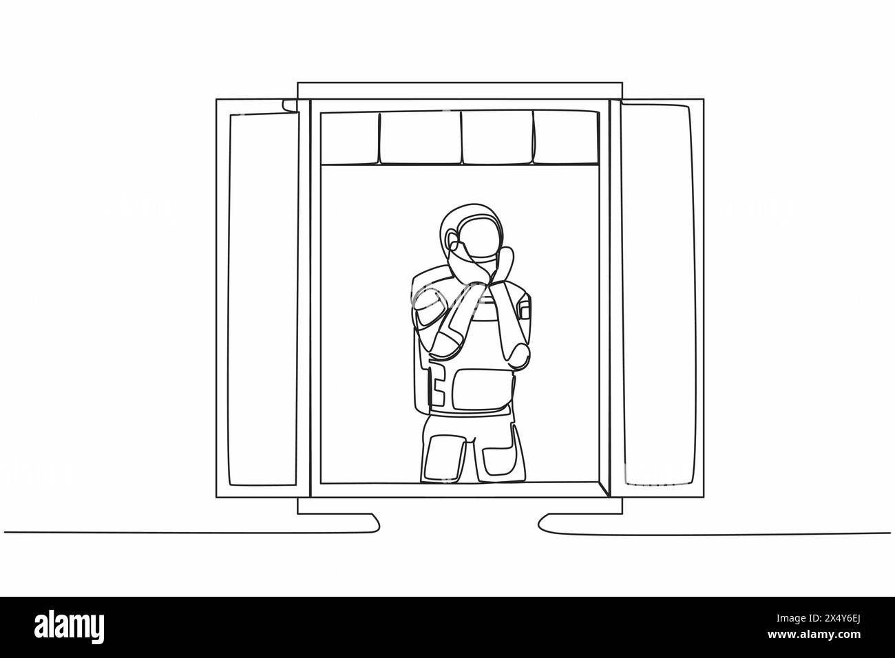 Single one line drawing young astronaut sadly with support the chin ...