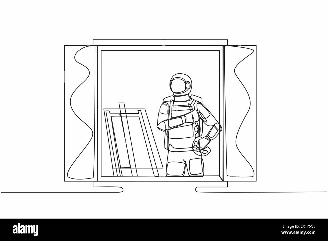 Continuous one line drawing astronaut painter drawing near window ...