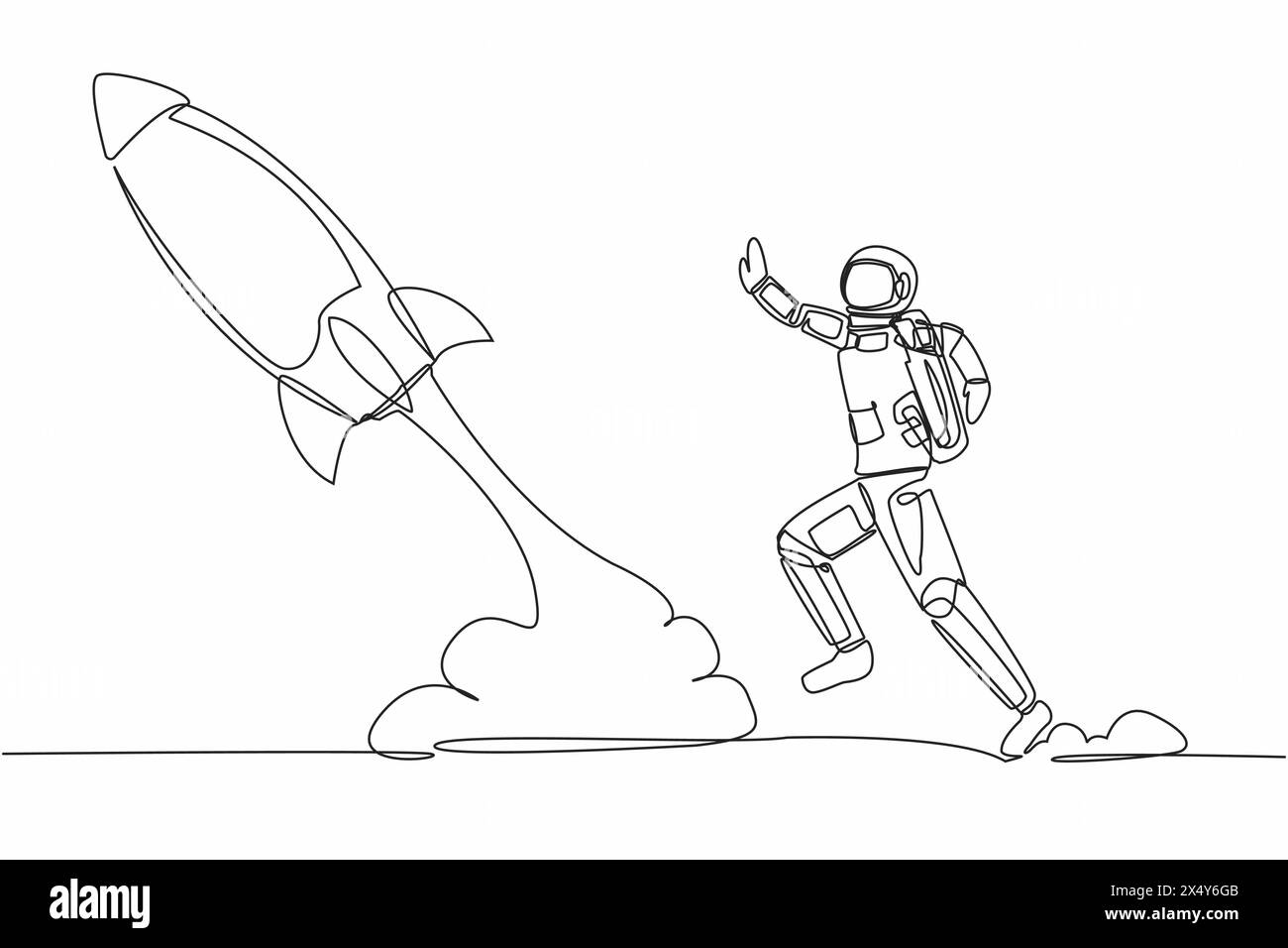 Continuous one line drawing young astronaut run chasing rocket take off ...