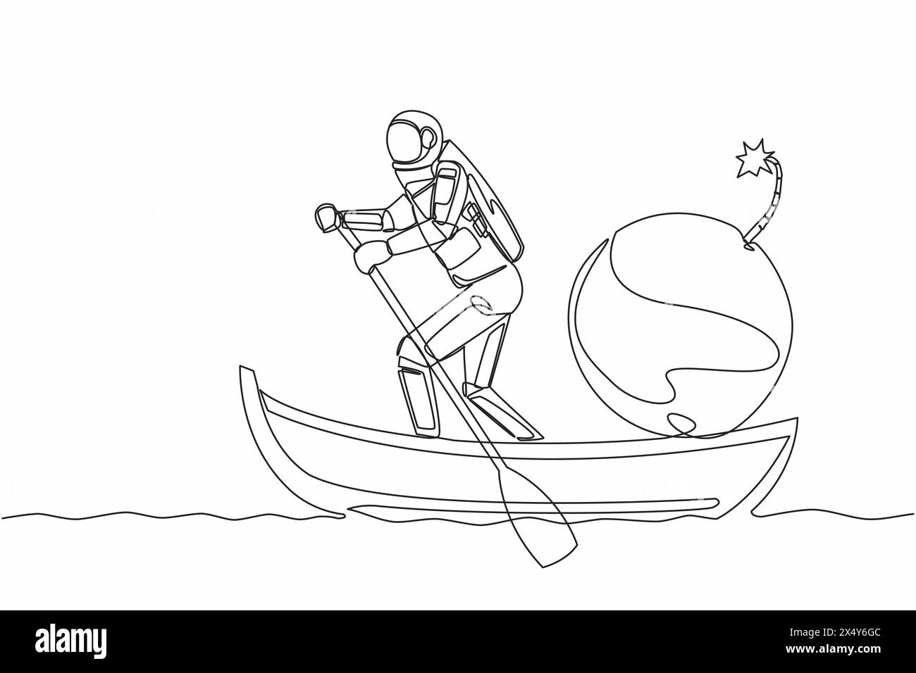 Single continuous line drawing astronaut sailing away on boat with bomb ...