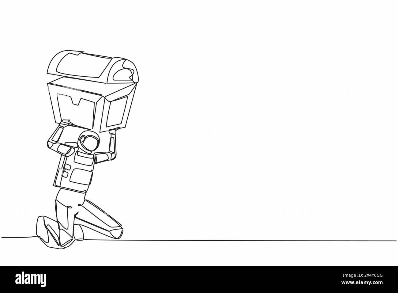 Single one line drawing young astronaut carrying heavy treasure chest ...