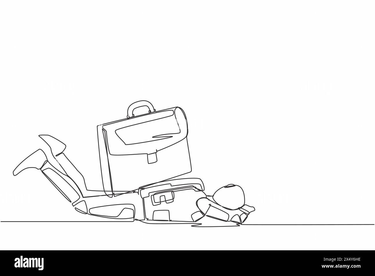 Continuous one line drawing young astronaut under heavy briefcase ...
