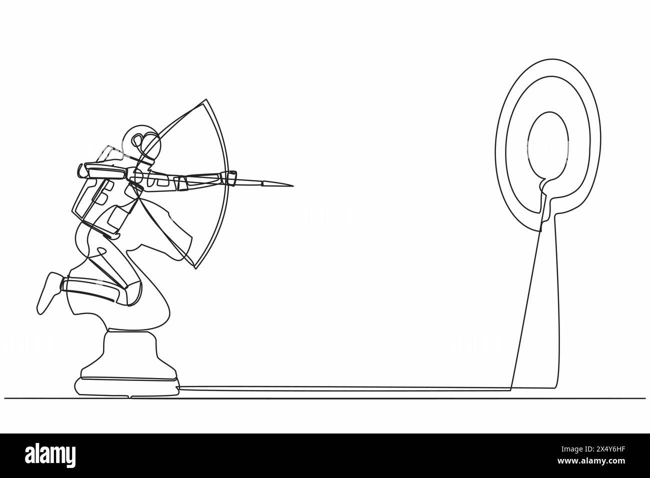 Single one line drawing astronaut holding arrow and aiming target while riding chess knight ...