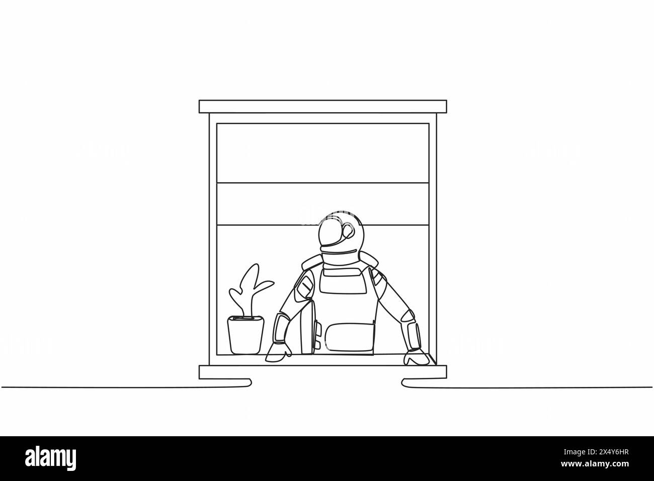 Continuous one line drawing astronaut looking outside window in moon ...