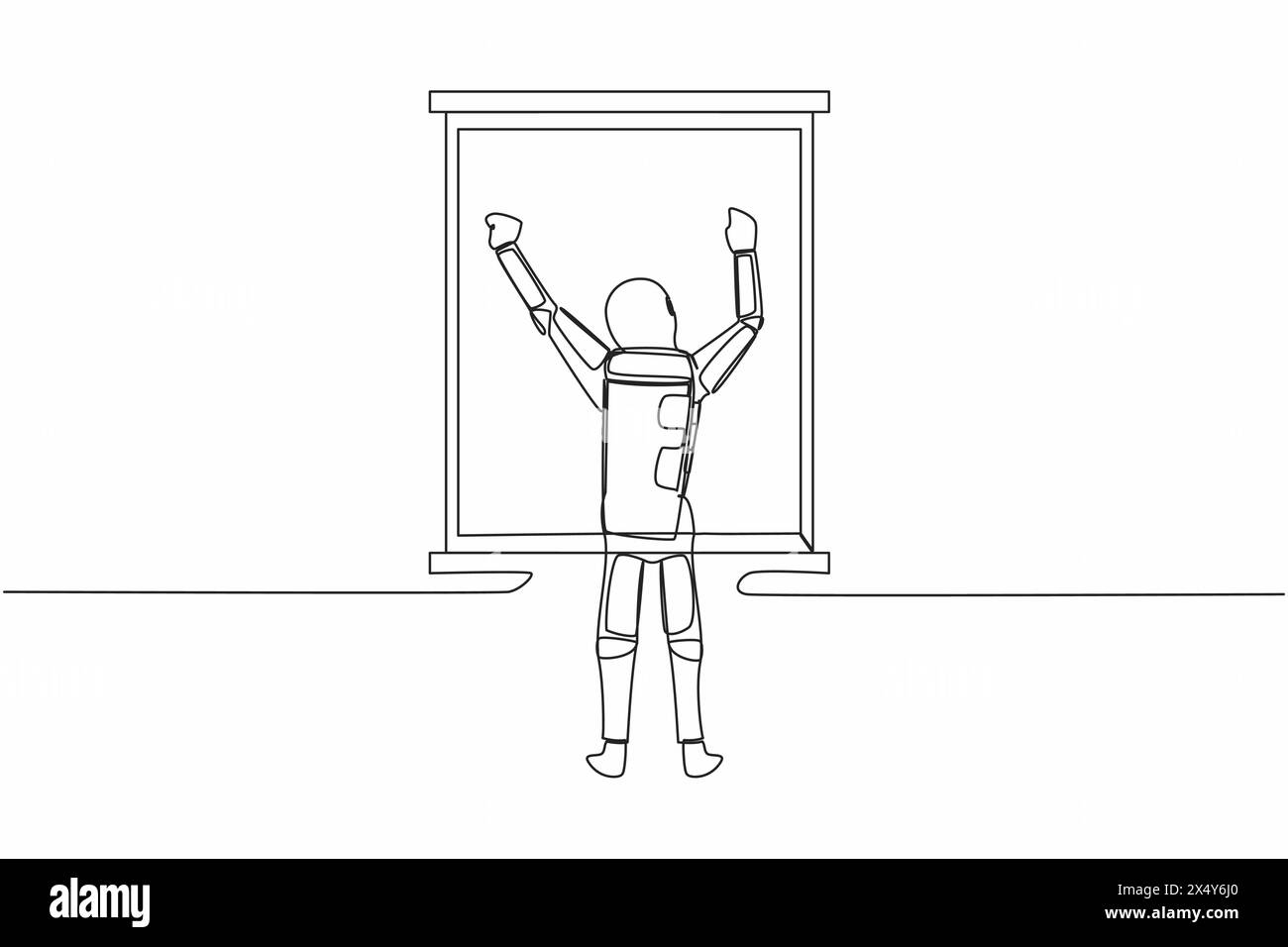 Single one line drawing back view relaxed young astronaut stretching ...