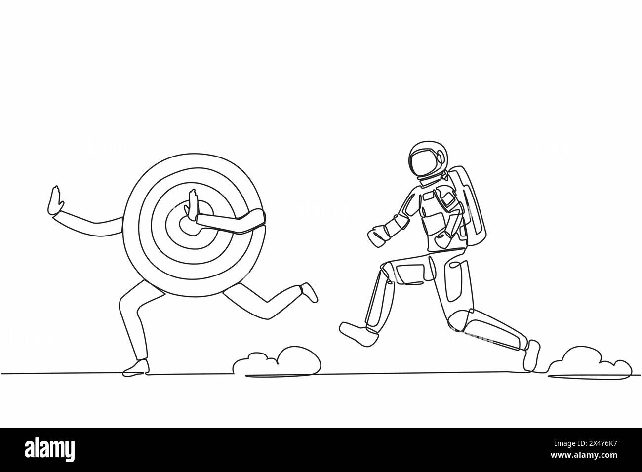 Single continuous line drawing astronaut run chase dartboard target in ...