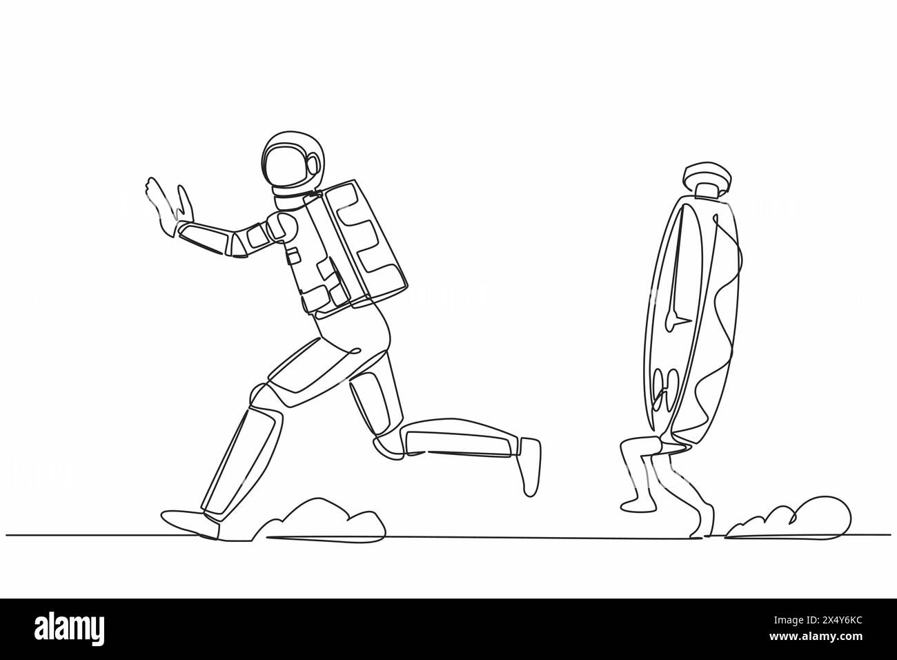 Continuous one line drawing young astronaut being chased by stopwatch ...