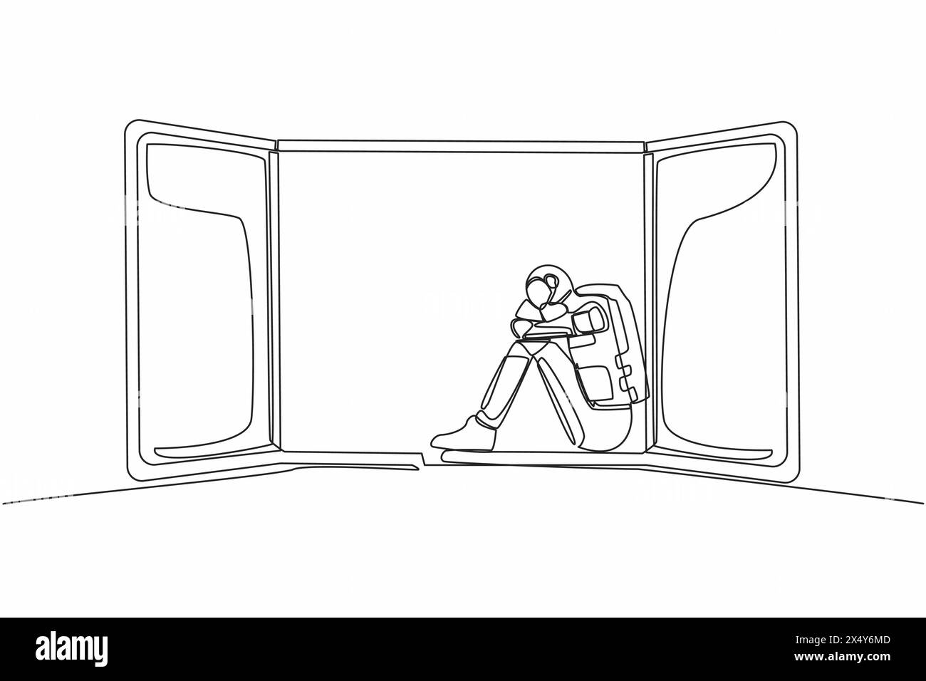 Single one line drawing stressed young astronaut sitting on windowsill ...