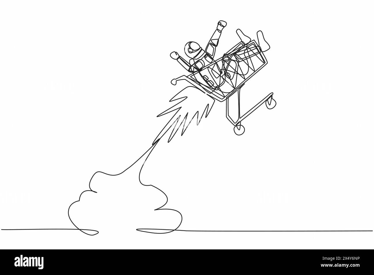 Single continuous line drawing young astronaut riding shopping trolley ...