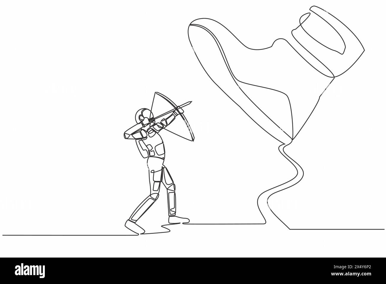 Single one line drawing young astronaut aiming bow against giant shoes ...