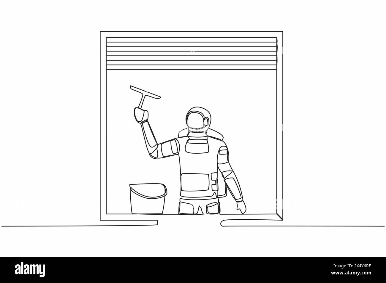 Single one line drawing young astronaut cleaning windows with bucket ...