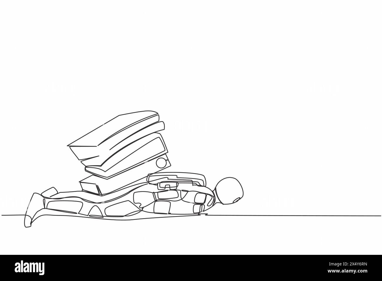 Continuous one line drawing young astronaut under heavy pile paper ...