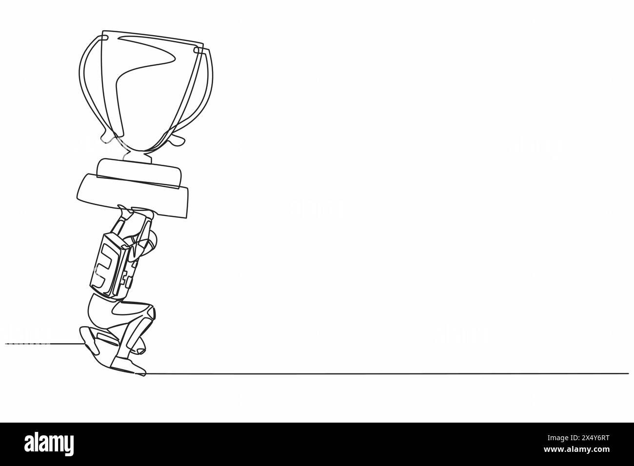 Single one line drawing young astronaut carrying heavy trophy on his ...