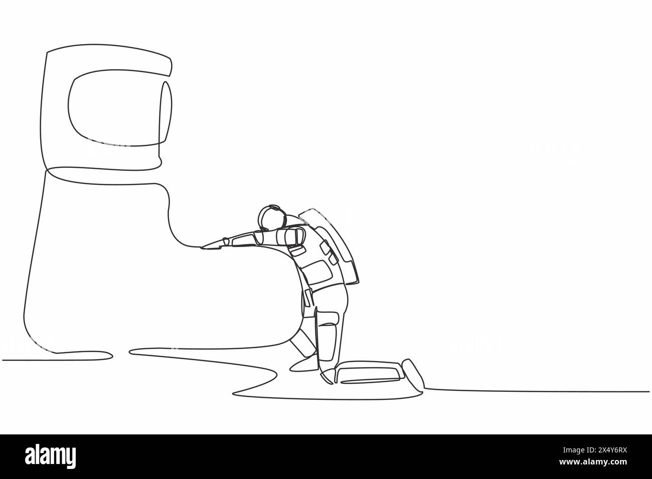 Single one line drawing young astronaut kneeling a giant foot or shoe ...