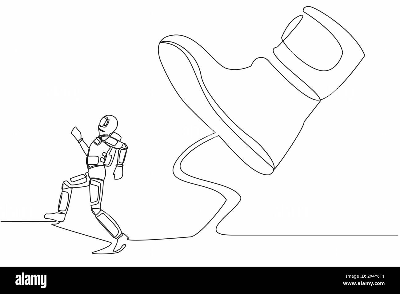 Continuous one line drawing young astronaut run away from stomping foot ...