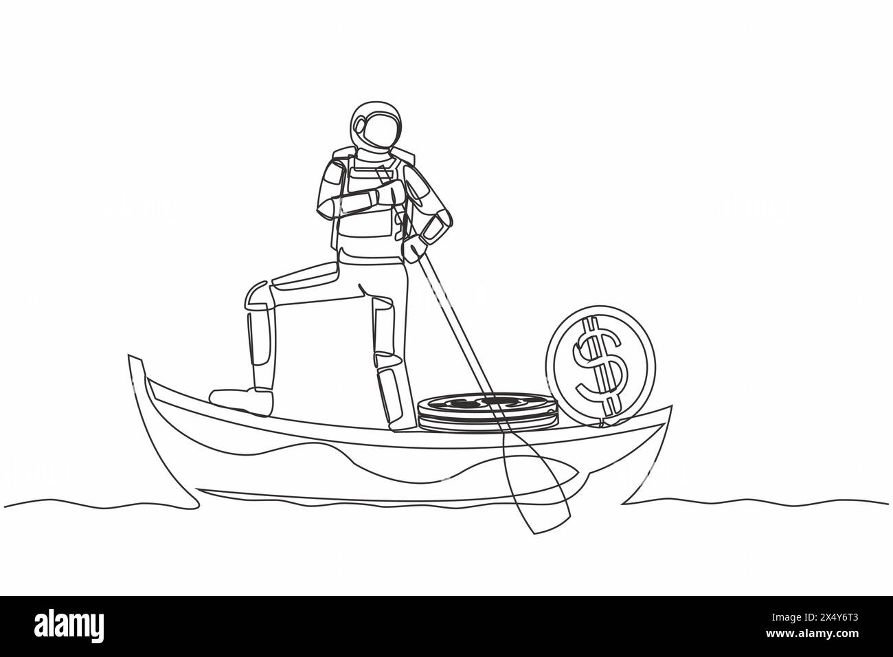 Single one line drawing of astronaut sailing away on boat with pile of ...