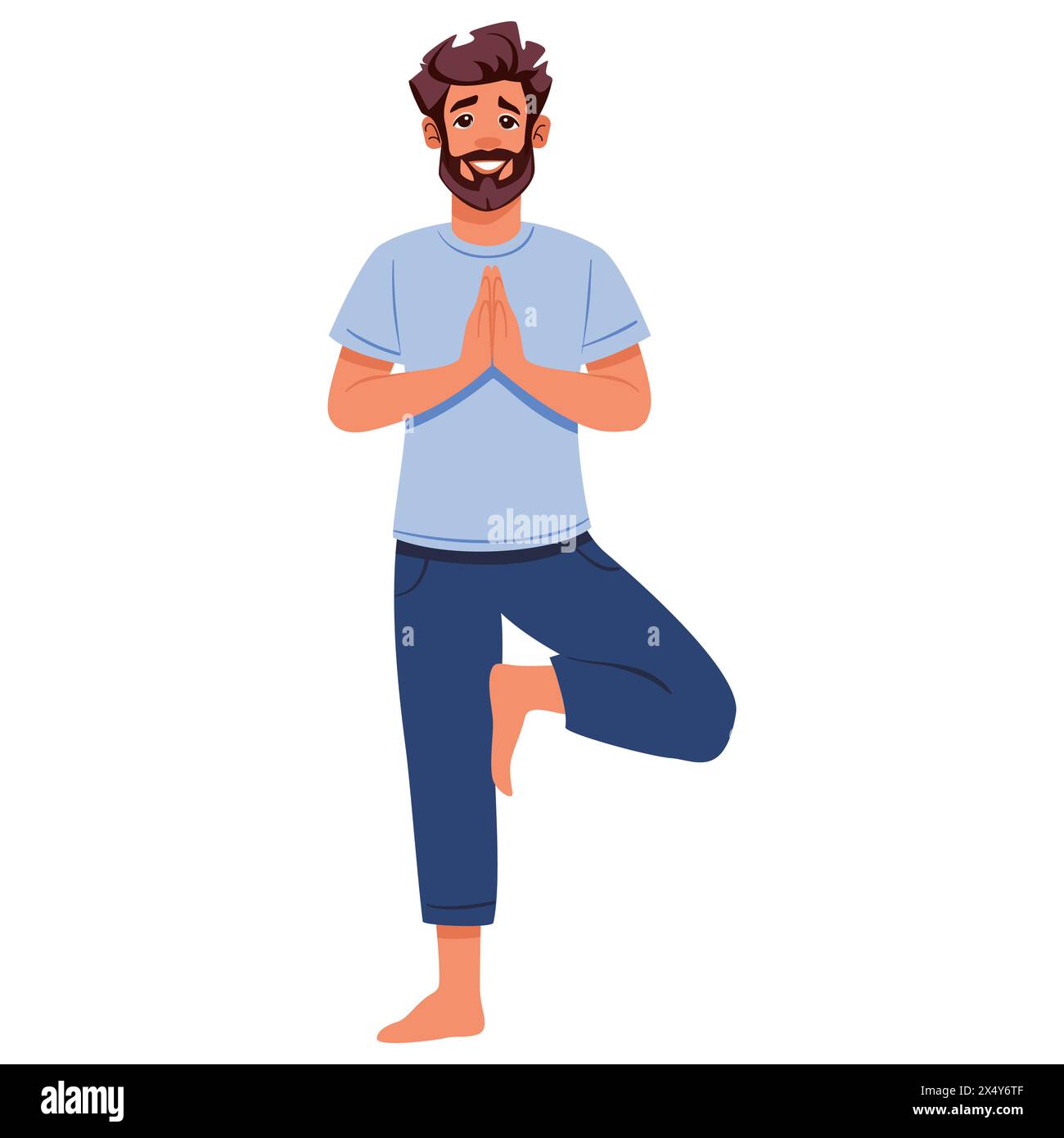 Young man doing yoga tree pose Vrikshasana. Fitness concept. Flat ...