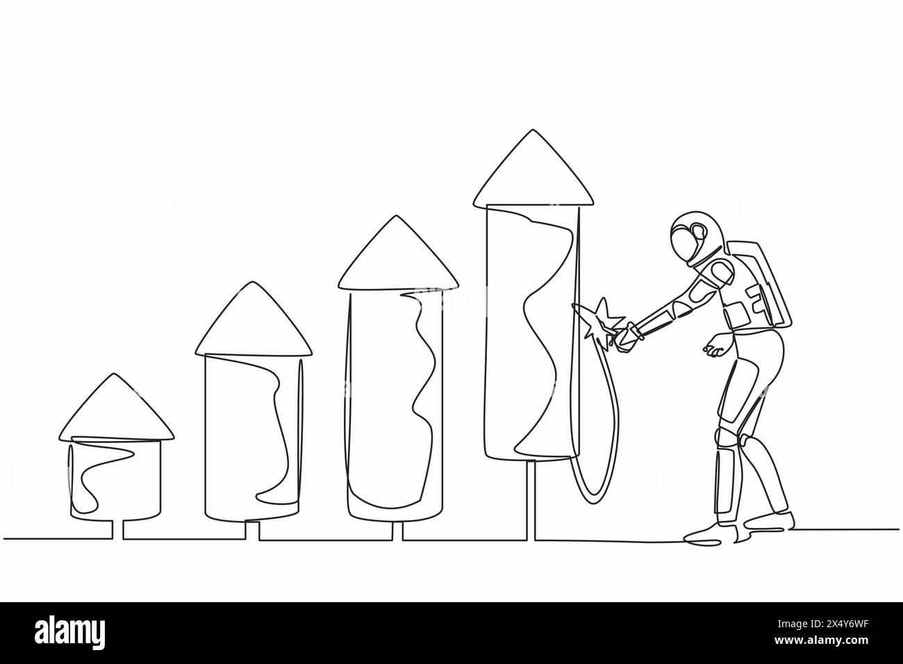 Continuous one line draw astronaut ignite firework rocket bar graph to ...