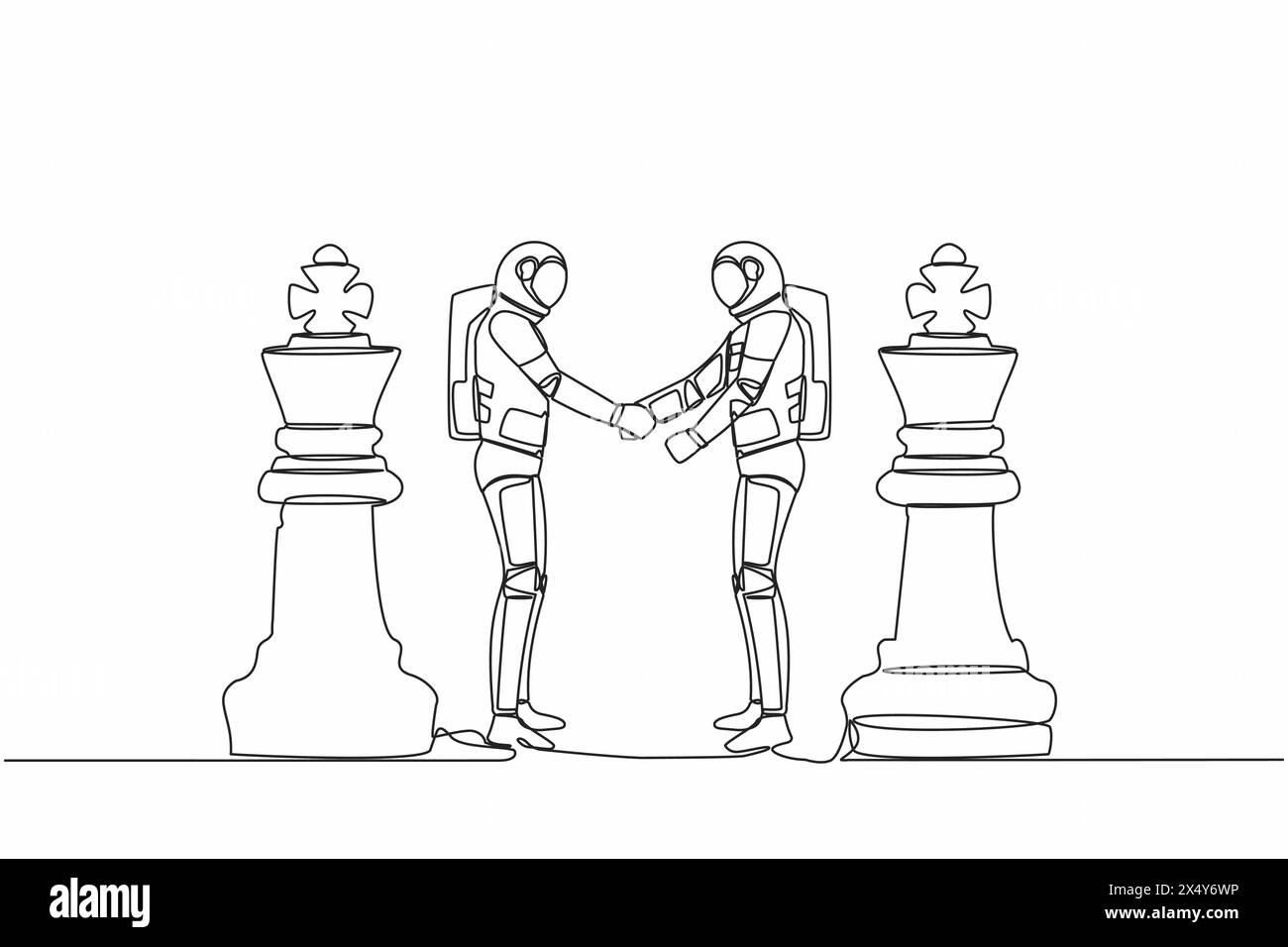 Continuous one line drawing of two astronaut shaking hands together ...