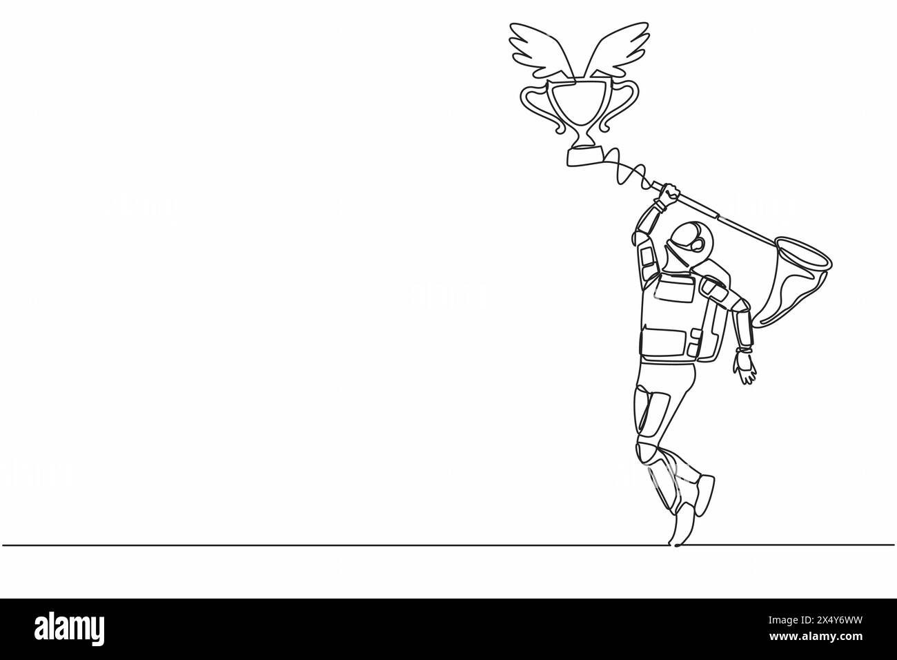 Single one line drawing of young astronaut try to catching flying ...