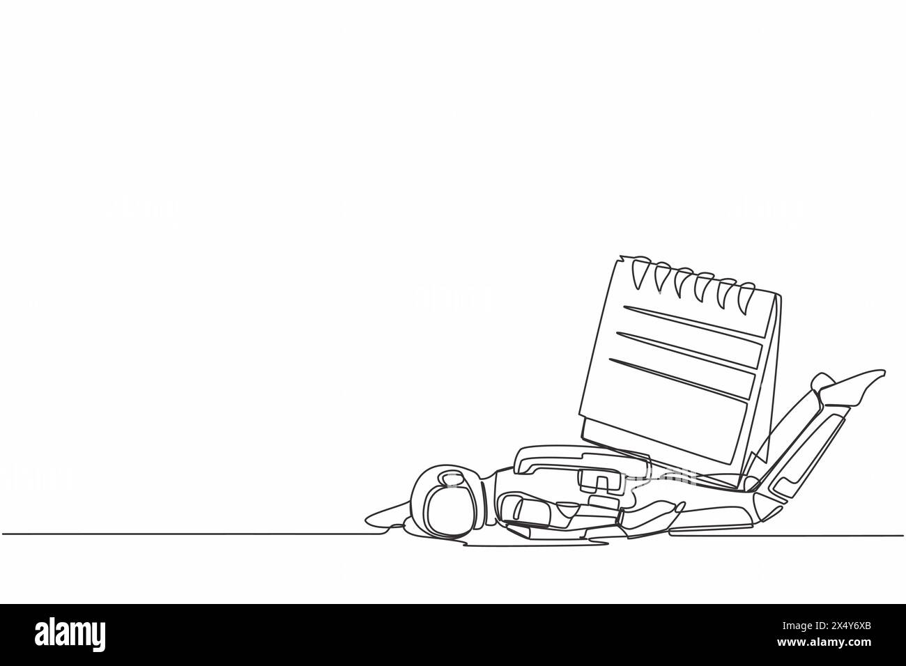 Single continuous line drawing young astronaut under heavy calendar ...
