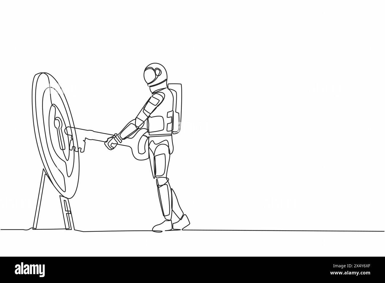 Single continuous line drawing young astronaut putting big key into ...