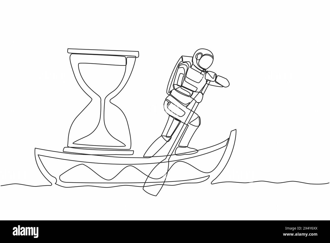 Single continuous line drawing young astronaut sailing away on boat ...
