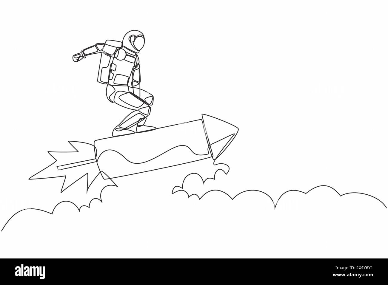 Single continuous line drawing young astronaut standing astride rocket ...