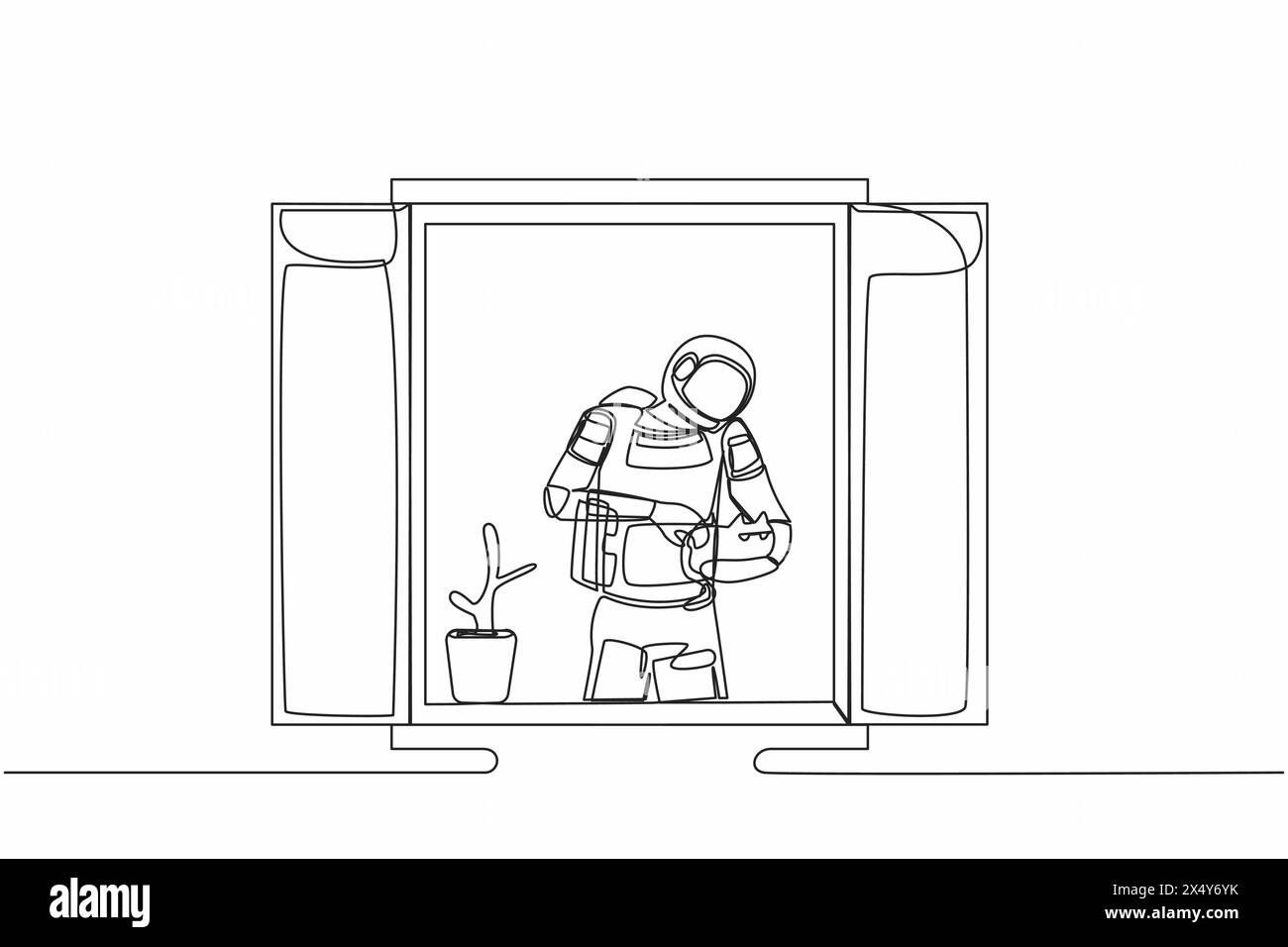 Continuous one line drawing young astronaut with houseplant holding cat ...
