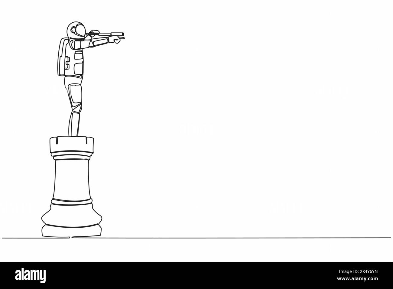Single continuous line drawing young astronaut on top of big rook chess piece using monocular in ...